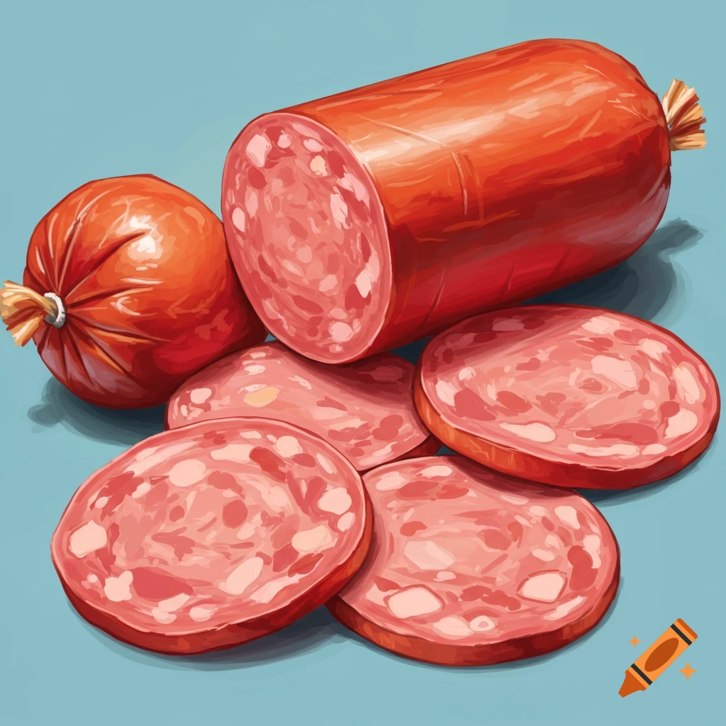 Sliced baloney sausage and a log of sausage in an illustration on Craiyon