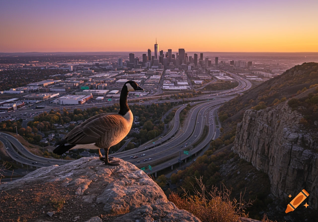 A Canada goose stands on a rock overlooking a city skyline and highways ...