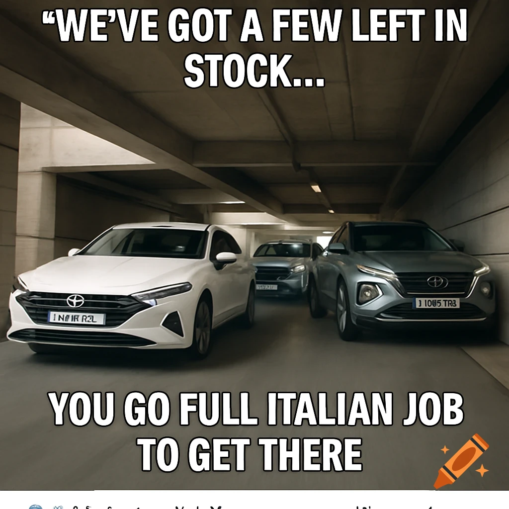 Three cars, a white sedan and two SUVs, drive closely in a concrete ...