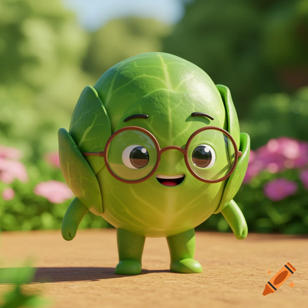Cute animated brussels sprout with glasses standing outdoors on Craiyon