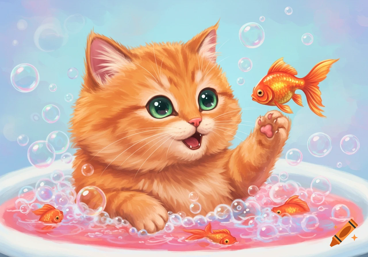 Cute orange cat in a bubble bath reaching for a goldfish, surrounded by ...