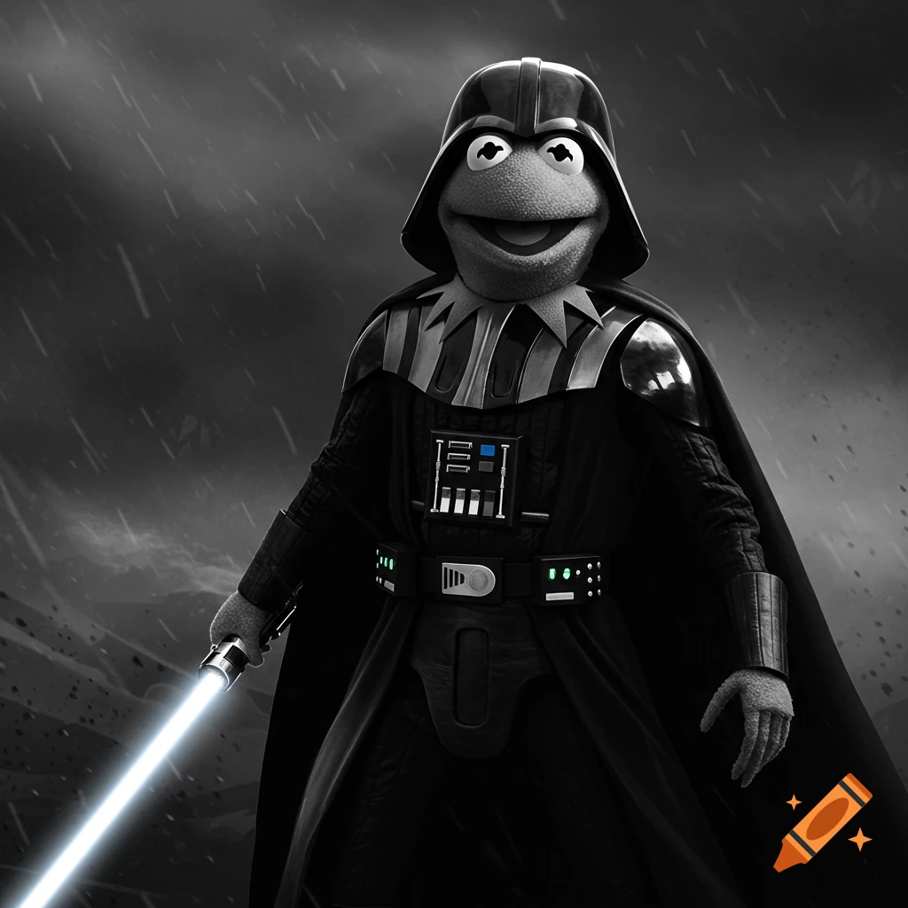 Black and white image of Kermit the Frog as Darth Vader holding a ...