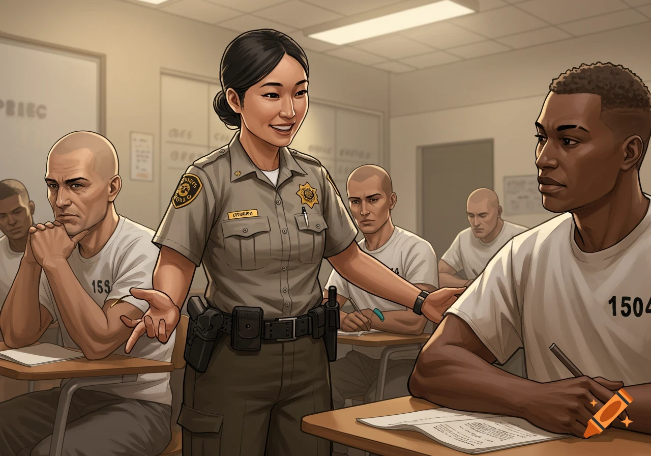 Illustration of a female corrections officer speaking to male inmates ...