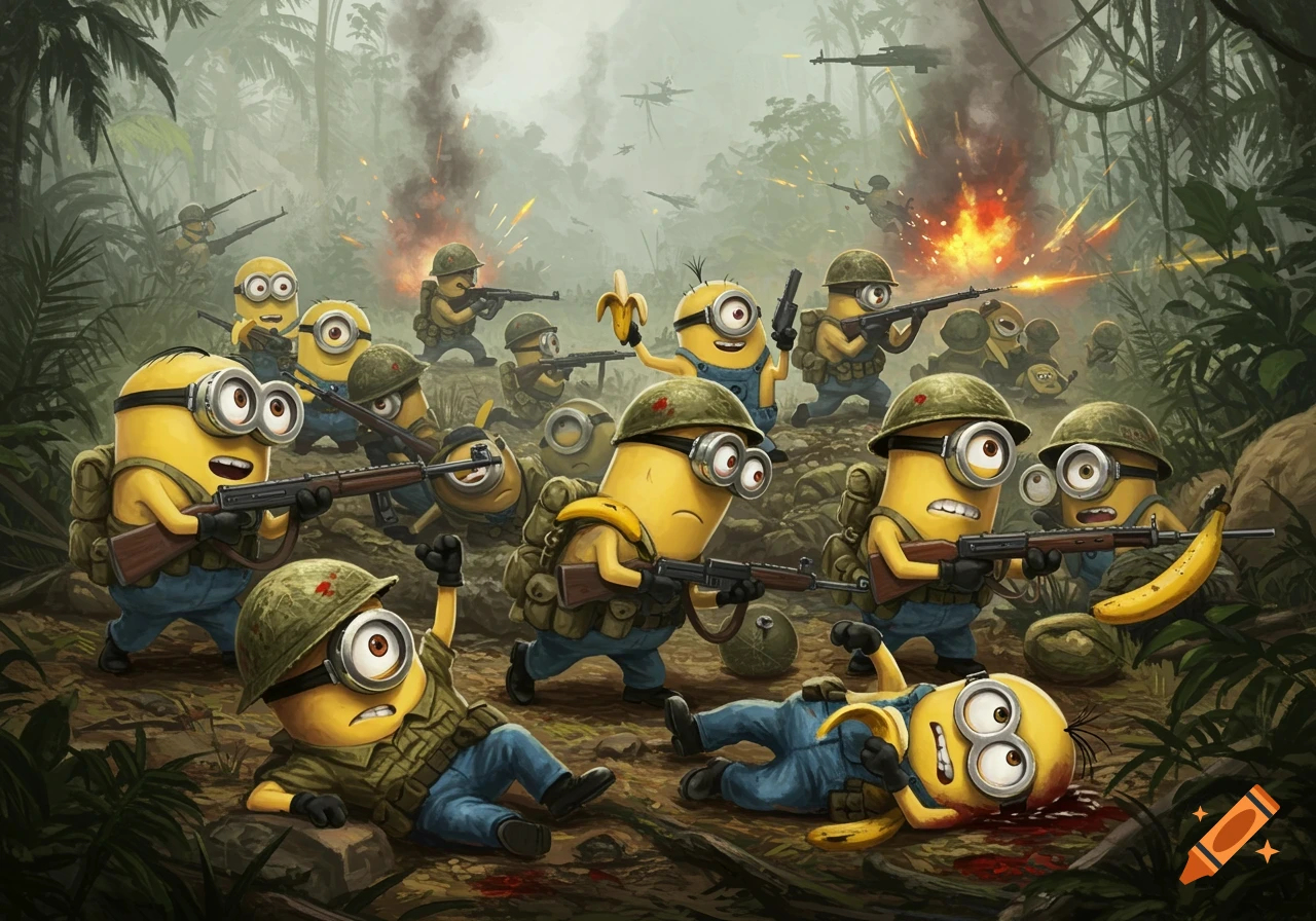 Cartoon minions in military gear fighting in a jungle battle on Craiyon