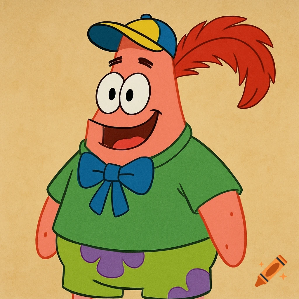 Cartoon of Patrick Star in green shirt, spotted shorts, baseball cap ...