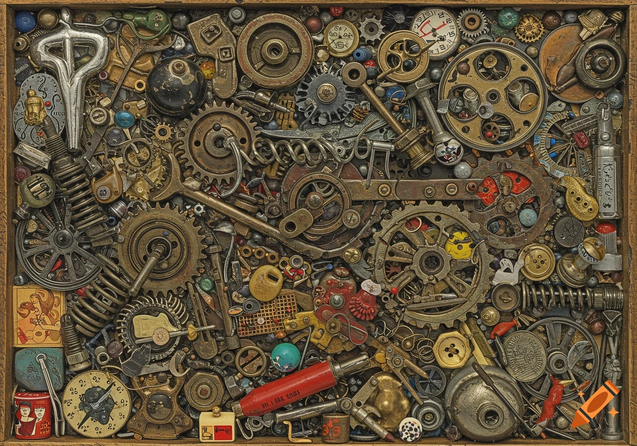 A detailed collage of old machine parts, gears, springs, buttons, and ...
