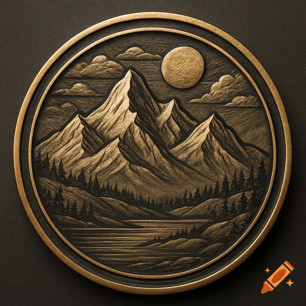 Bronze embossed circle design featuring mountains, trees, a lake, and ...