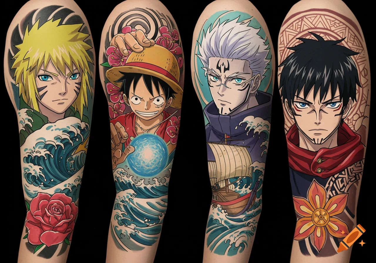 Anime character tattoos on arms featuring Naruto, One Piece, and ...