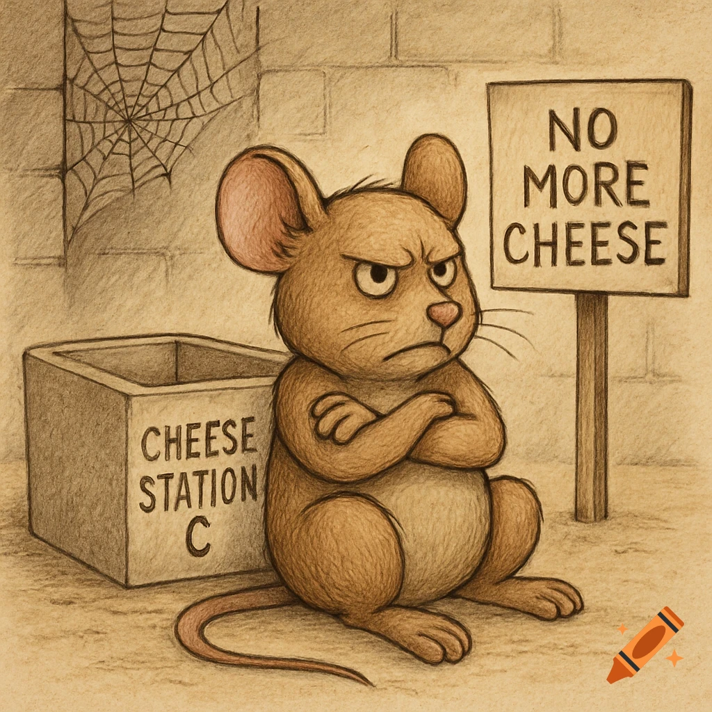 Cartoon mouse sits frustrated by empty cheese station and 'No More ...