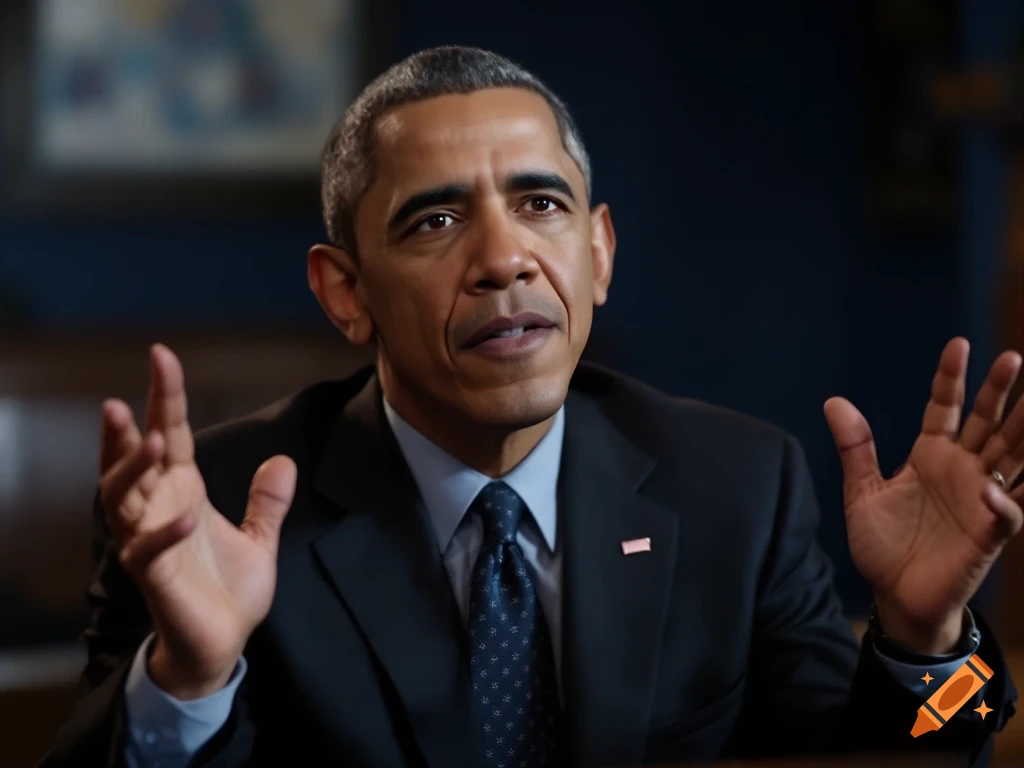 Barack Obama speaking in a suit with hands raised on Craiyon