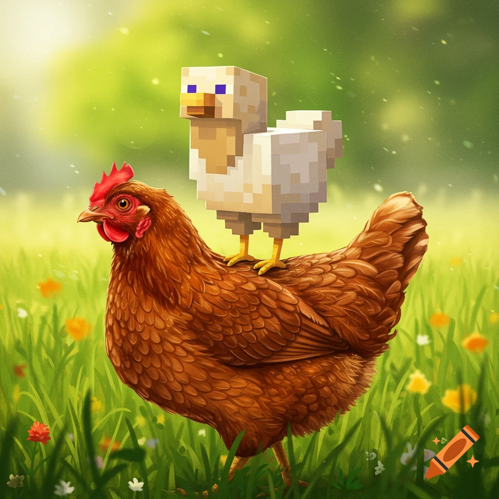A blocky white Minecraft chicken sits atop a detailed brown real ...