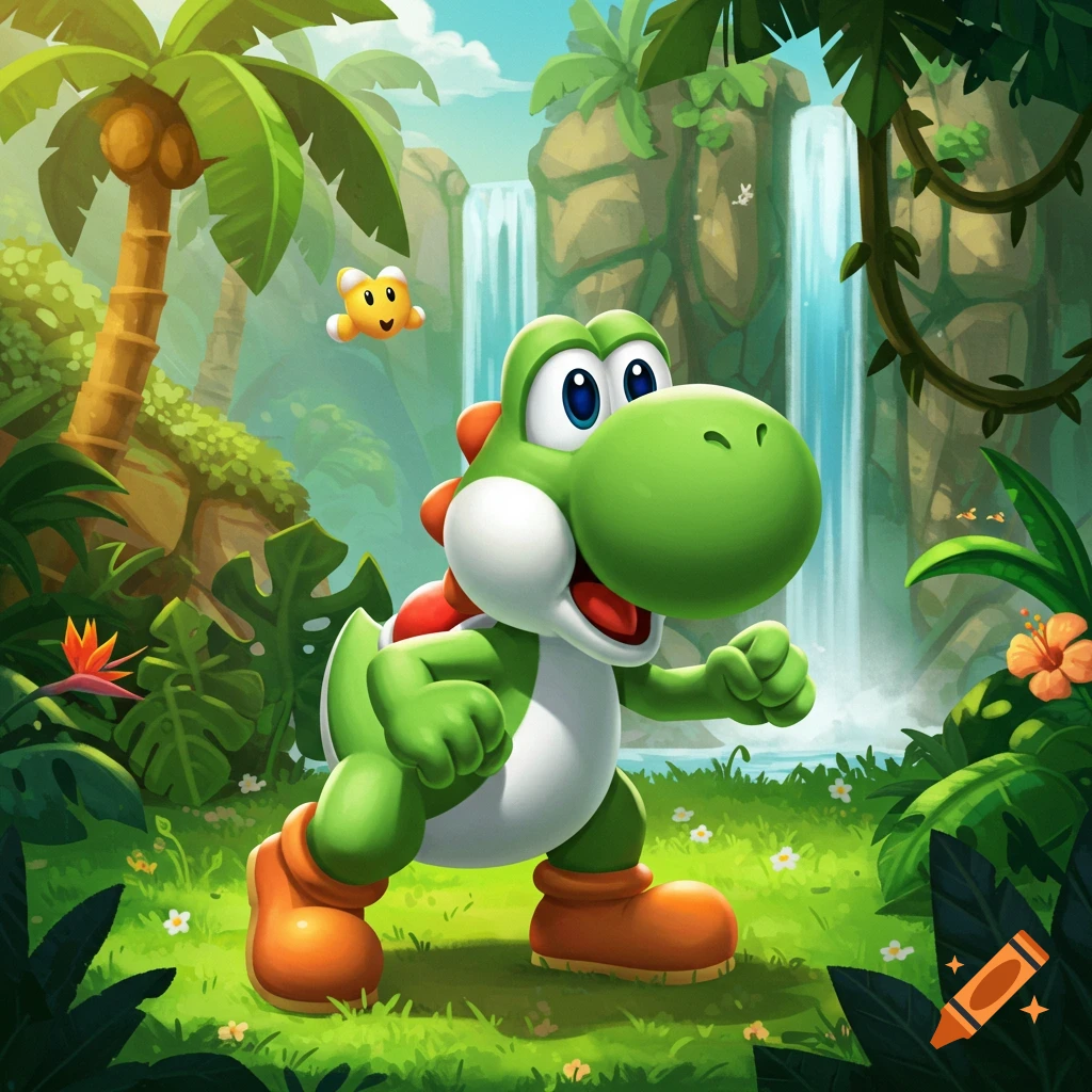Yoshi runs through a vibrant jungle with a waterfall, palm trees, and ...