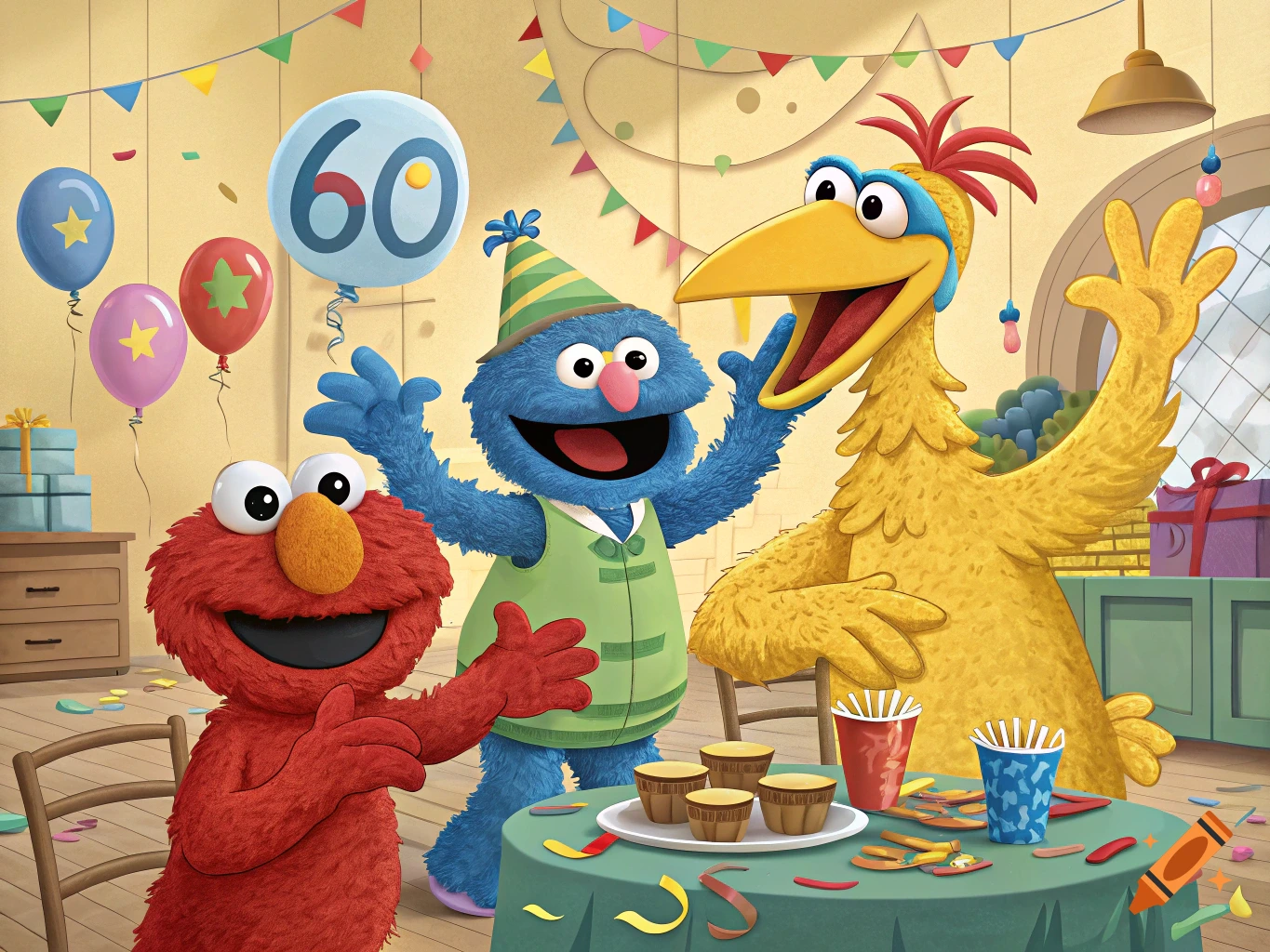 Elmo, Grover, and a yellow bird celebrate an anniversary with balloons ...