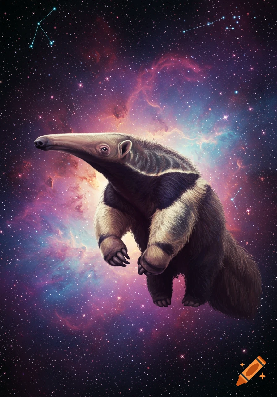 A giant anteater floats in outer space with nebulae and stars. on Craiyon