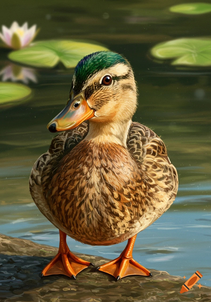 A detailed painting of a young mallard duck standing on a log by water ...