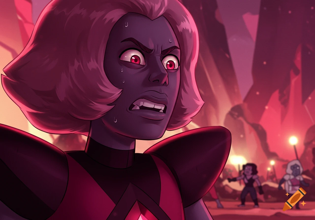 Close-up of a tense character from Steven Universe in a stylized ...