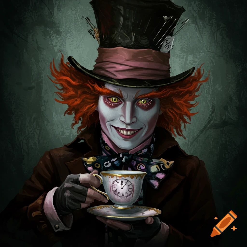 Mad Hatter with a sinister grin holds a teacup with a clock face in an ...