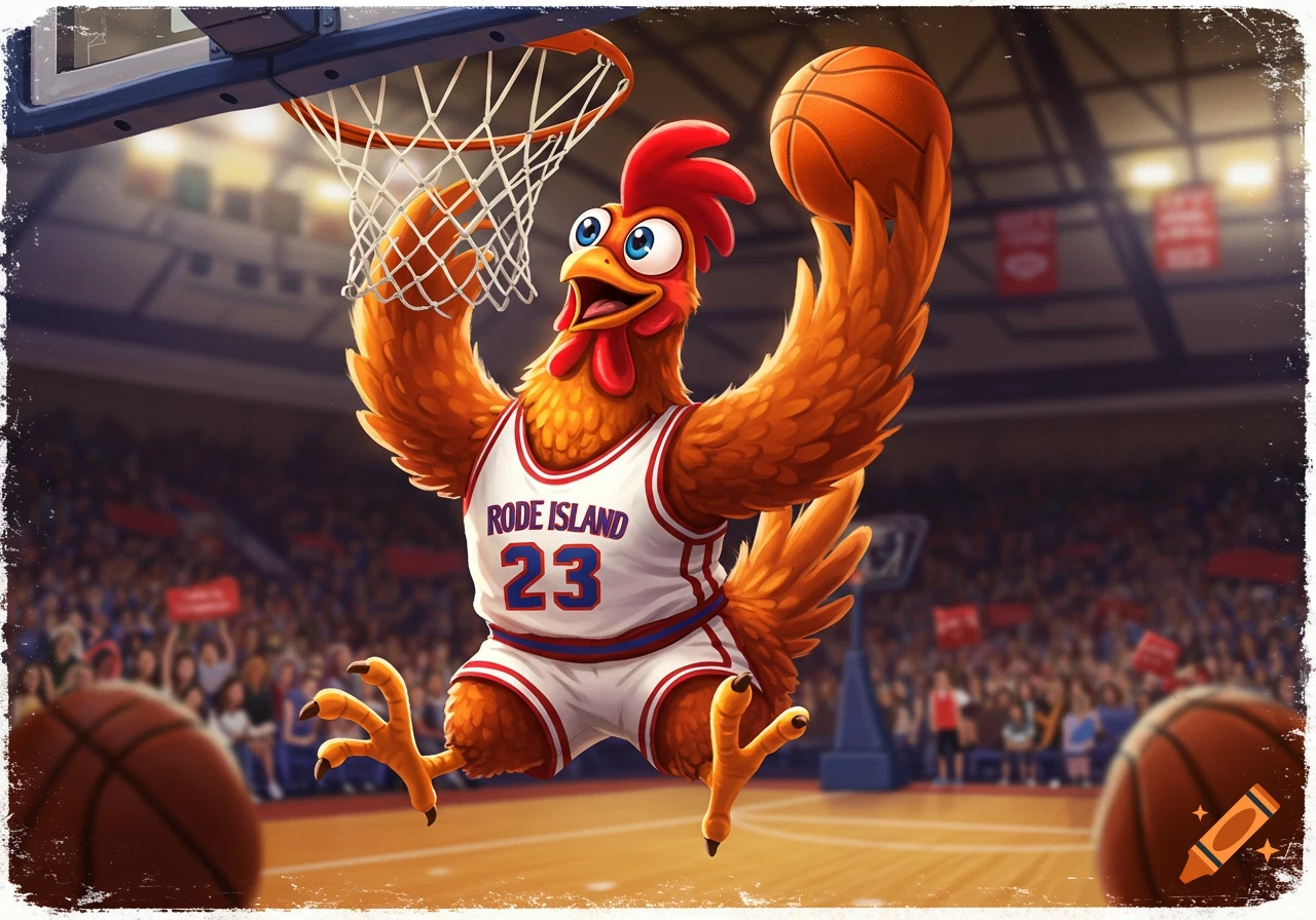 Cartoon chicken dunking a basketball in a crowded arena on Craiyon