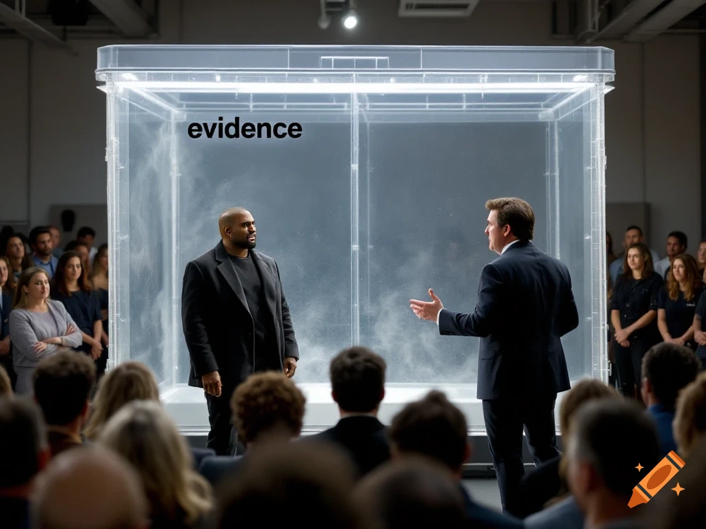 Kanye West and Tucker Carlson stand before a crowd with an empty ...