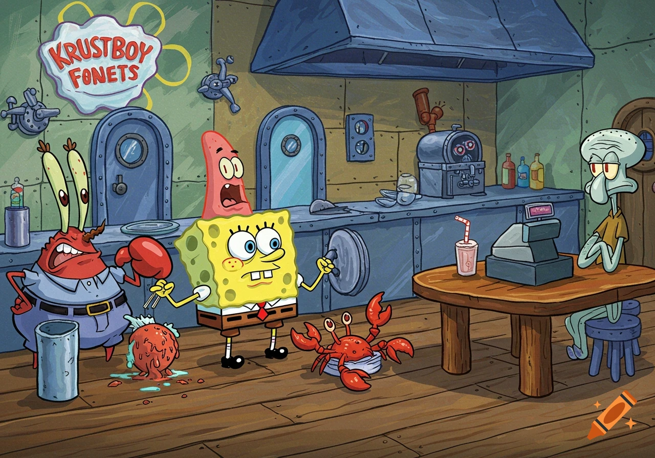 Spongebob, Patrick, Mr. Krabs, and Squidward in a cartoon restaurant ...