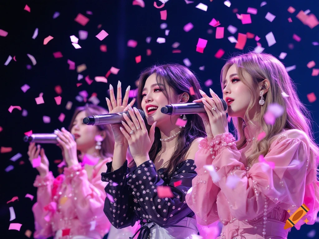Three Kpop idols sing on stage as confetti falls. on Craiyon