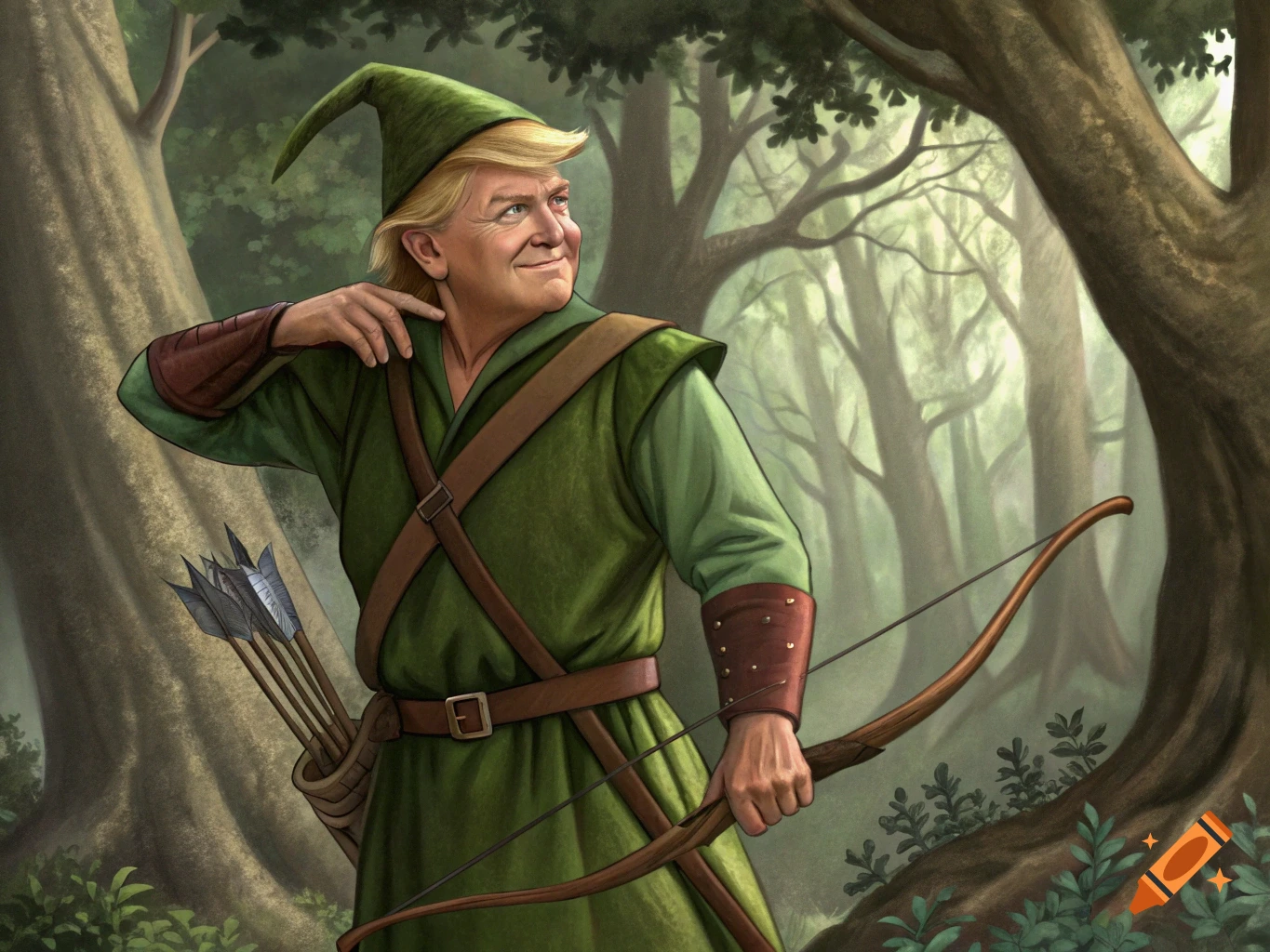 Donald Trump dressed as Robin Hood holding a bow in a forest. on Craiyon