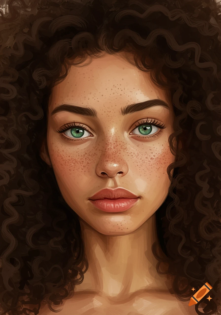 Digital painting portrait of a woman with green eyes, freckles, and curly brown hair. on Craiyon