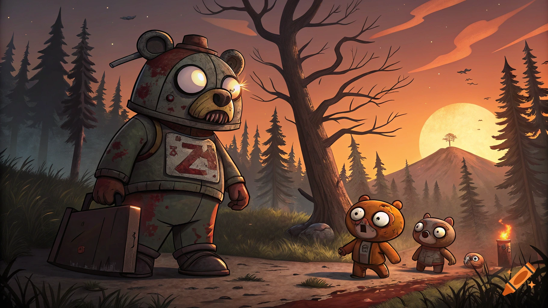 Cartoon horror scene: A large robotic bear stands over two small scared ...