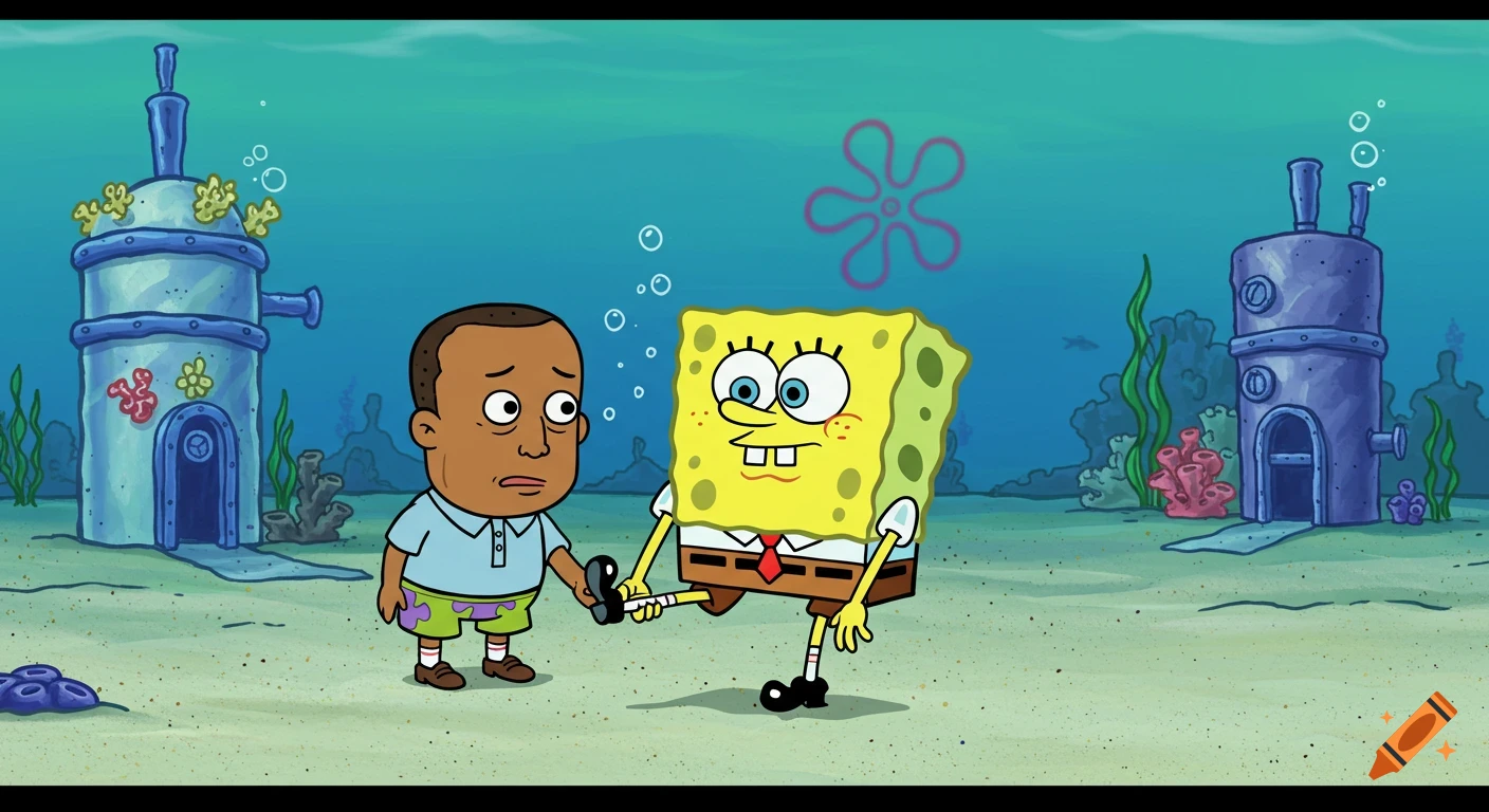 Cartoon Spongebob holds another character's leg underwater. on Craiyon