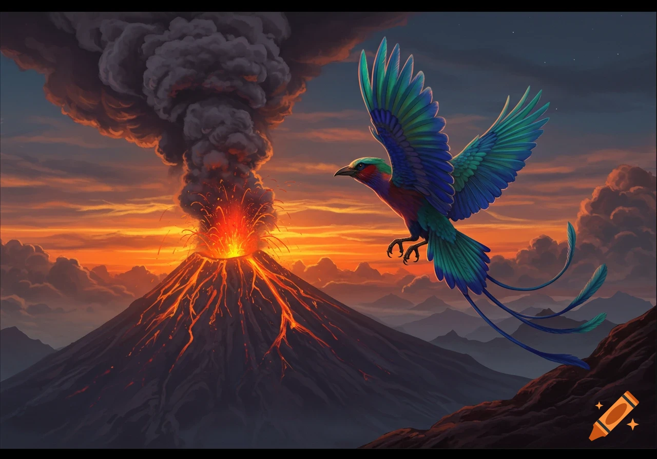 A colorful bird flies over an erupting volcano at sunset. on Craiyon