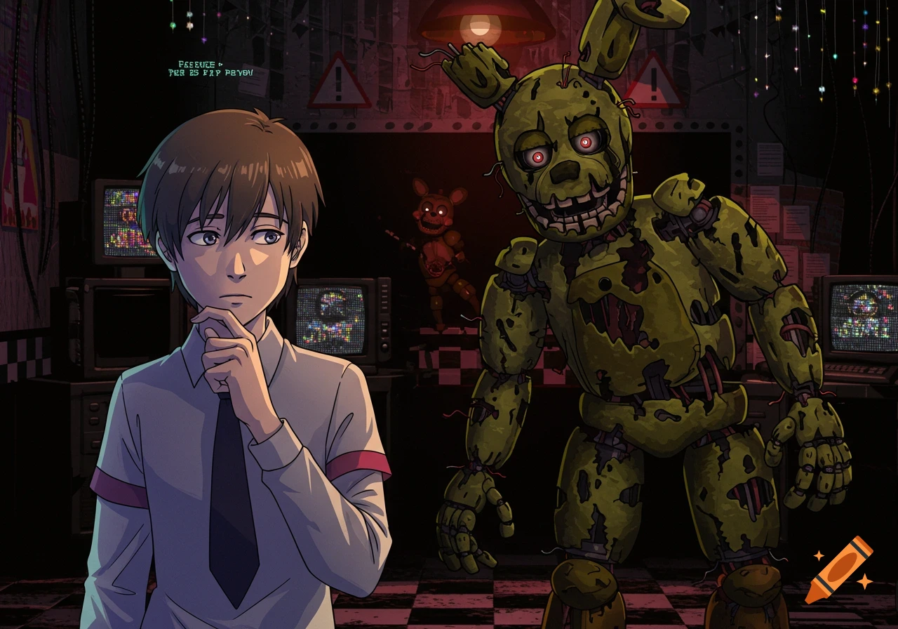 Anime illustration of Michael Afton in the FNaF 3 office, looking ...
