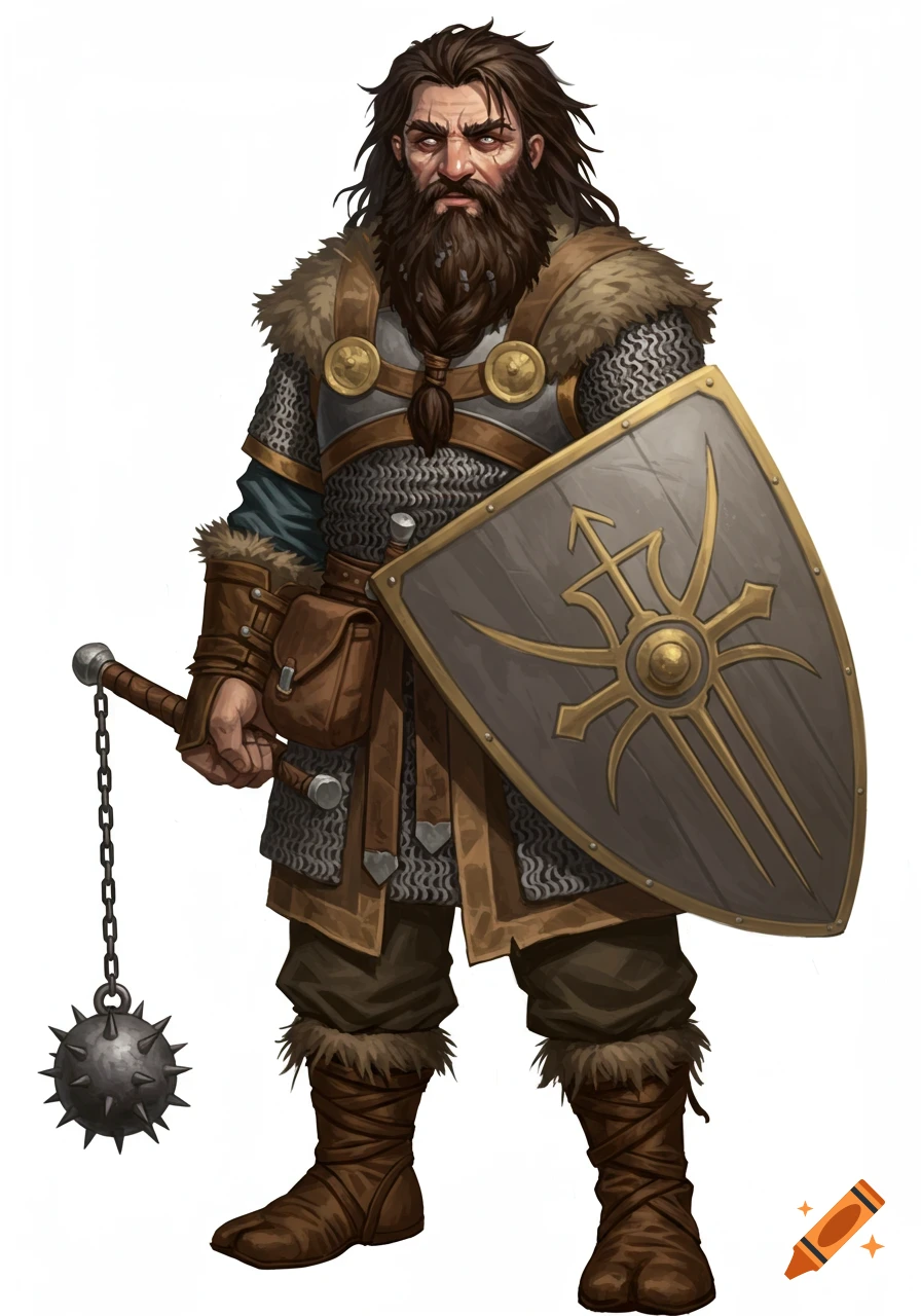 A fantasy illustration of a bearded man in chainmail armor with a ...