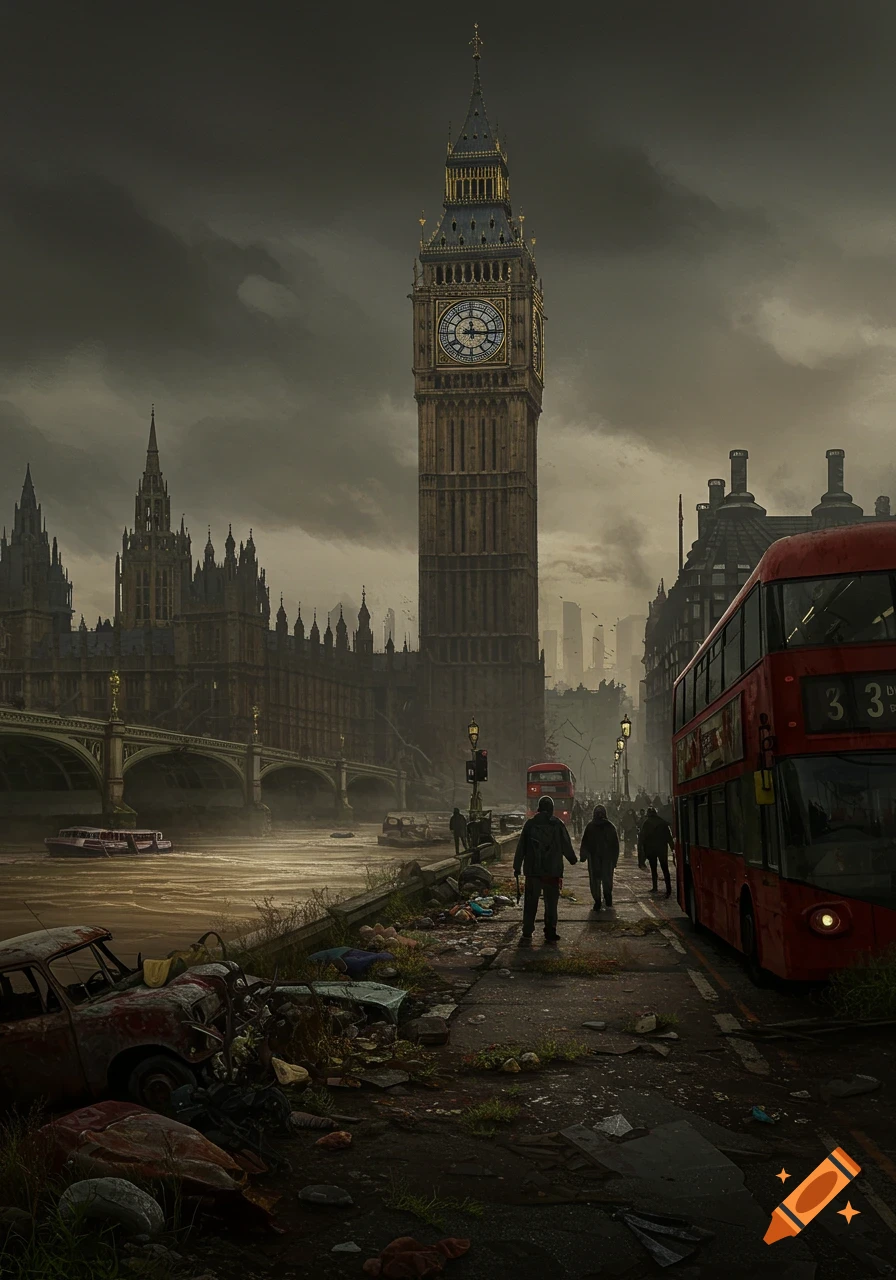 Post-apocalyptic London street scene with zombies, Big Ben, and Houses ...