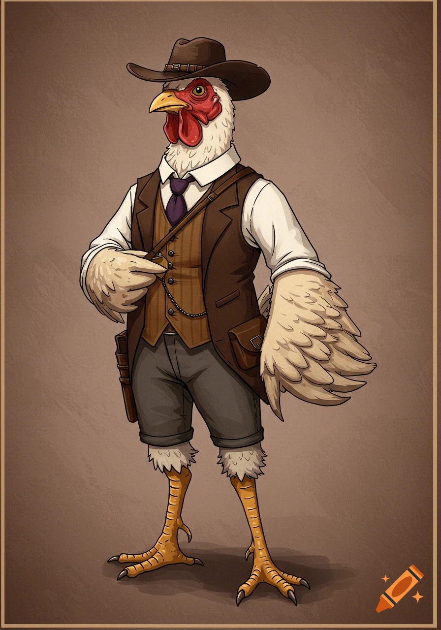 Illustration of an anthropomorphic chicken character in western ...