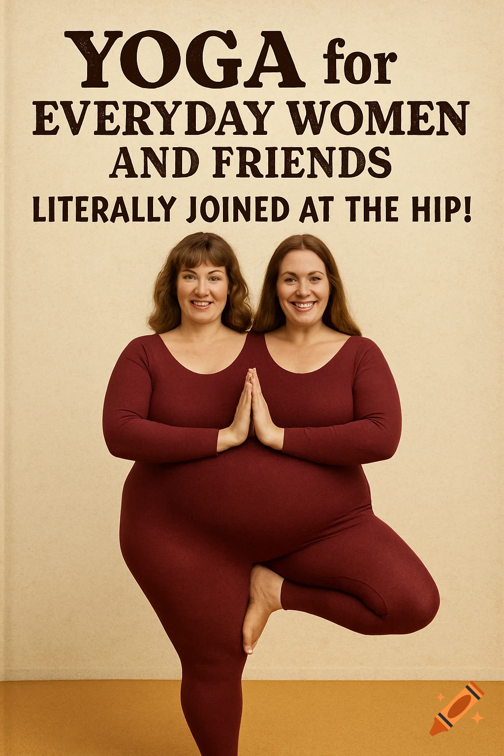 A quirky yoga poster shows two women merged into one body, doing a tree ...