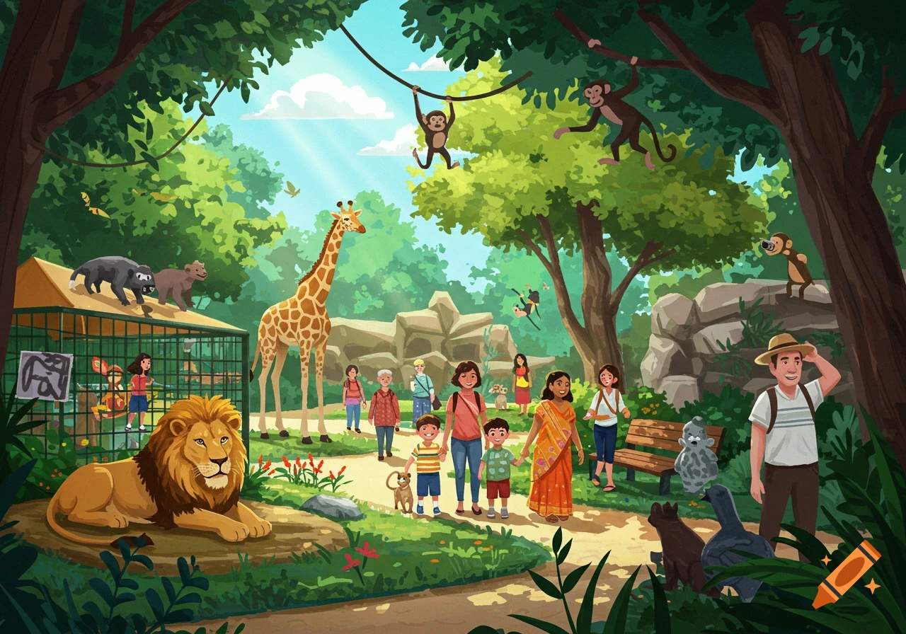 Cartoon illustration of a busy zoo scene with a lion, giraffe, monkeys ...
