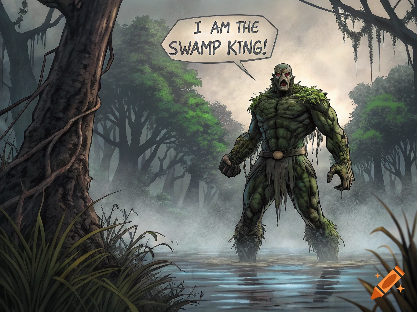 Comic art of Swamp Thing standing in a swamp with a speech bubble ...