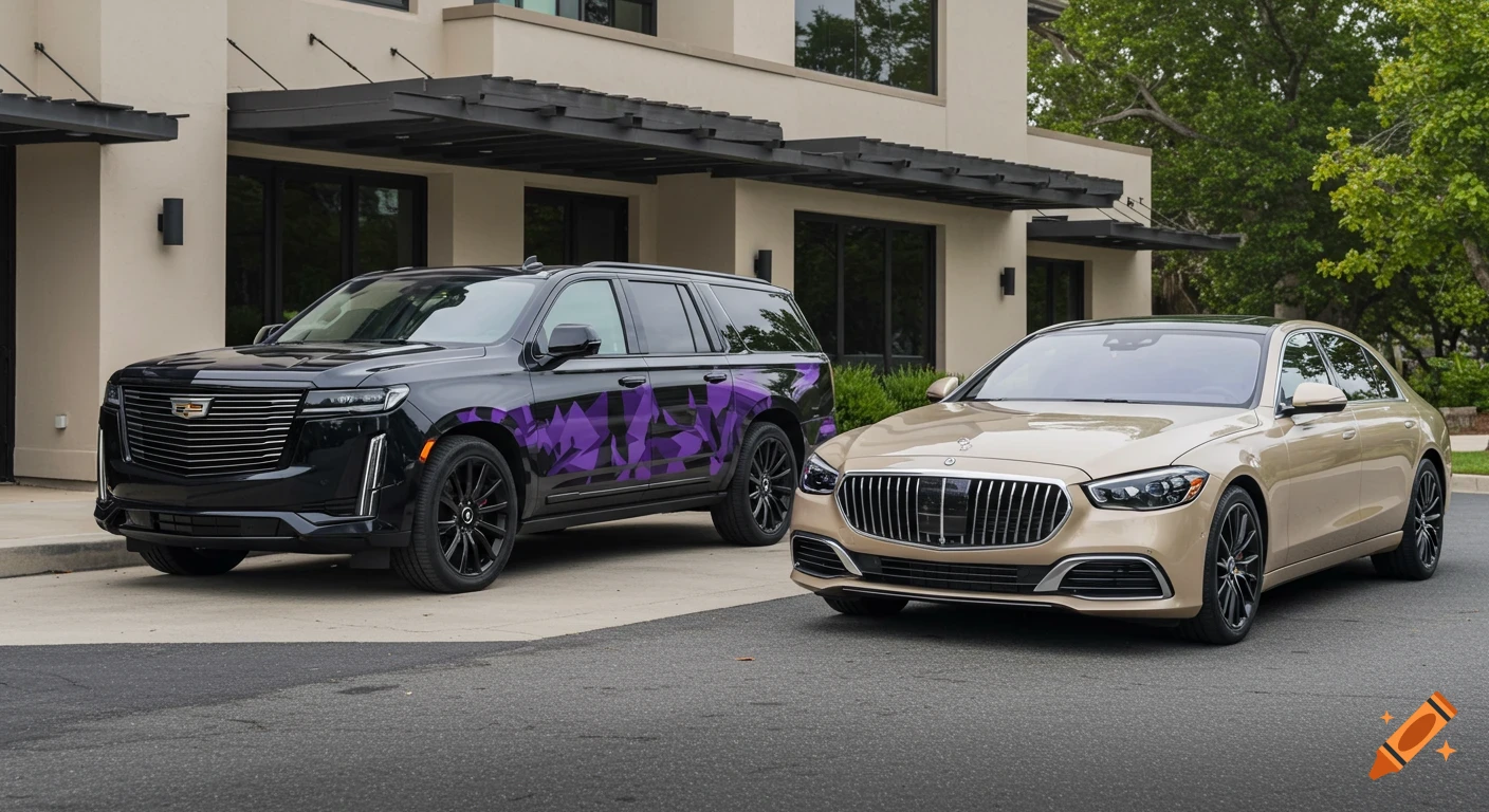 Black Cadillac Escalade with purple pattern and beige Mercedes-Benz S ...