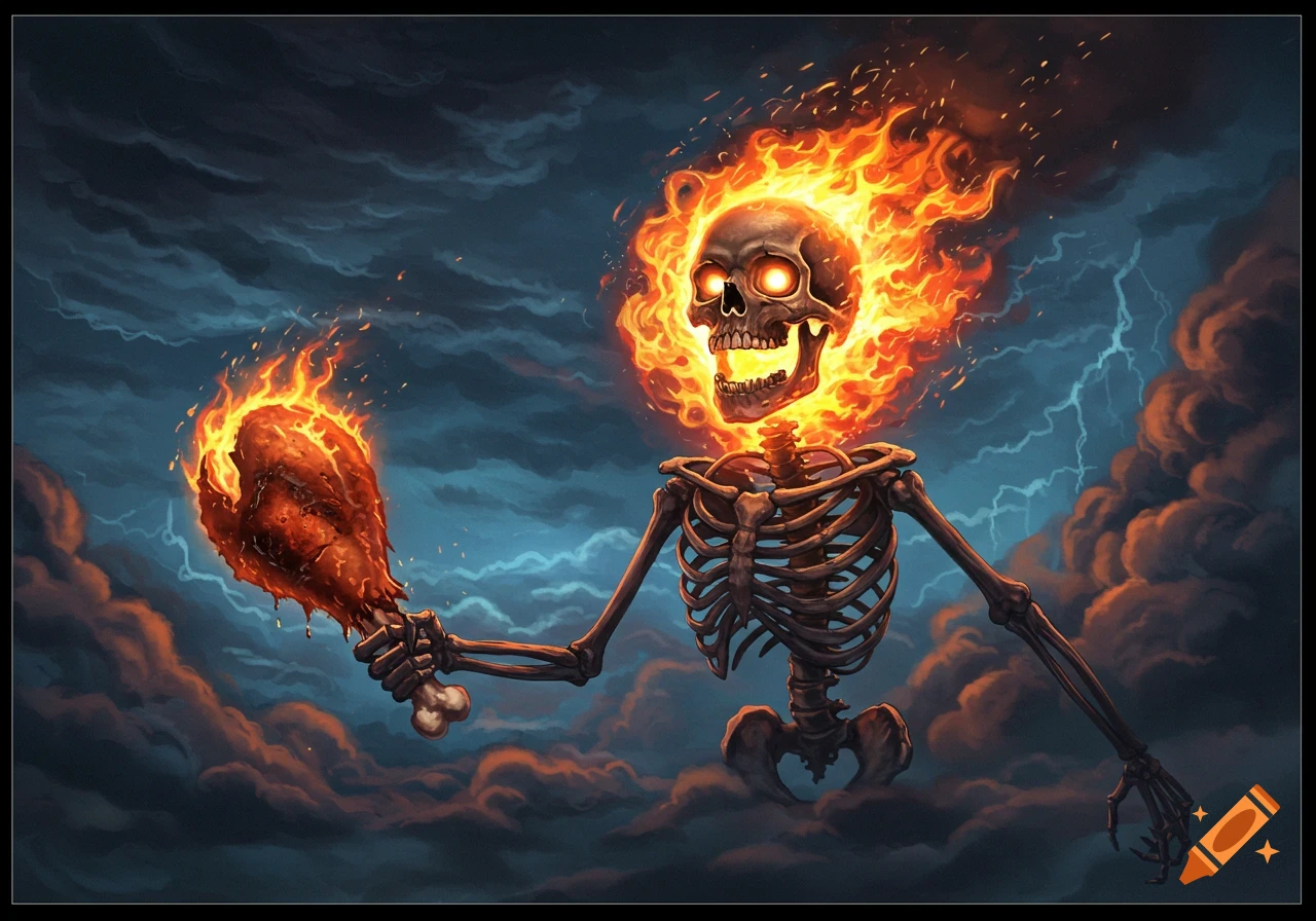 A flaming skeleton holds a flaming chicken leg in a stormy sky, digital ...