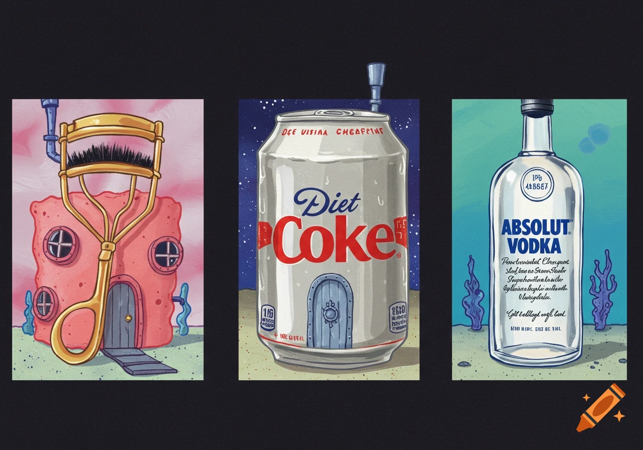 Cartoon houses styled as an eyelash curler, Diet Coke can, and Absolut ...