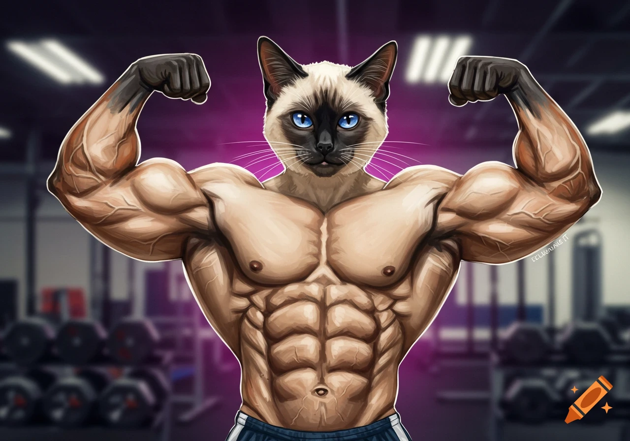 A muscular Siamese cat bodybuilder flexing his biceps in a gym on Craiyon