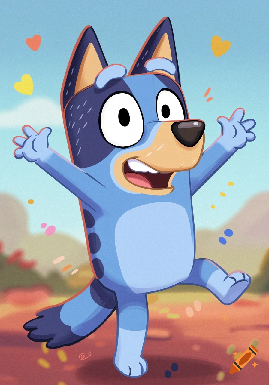 Bluey the dog jumps happily with arms wide among hearts and confetti on ...