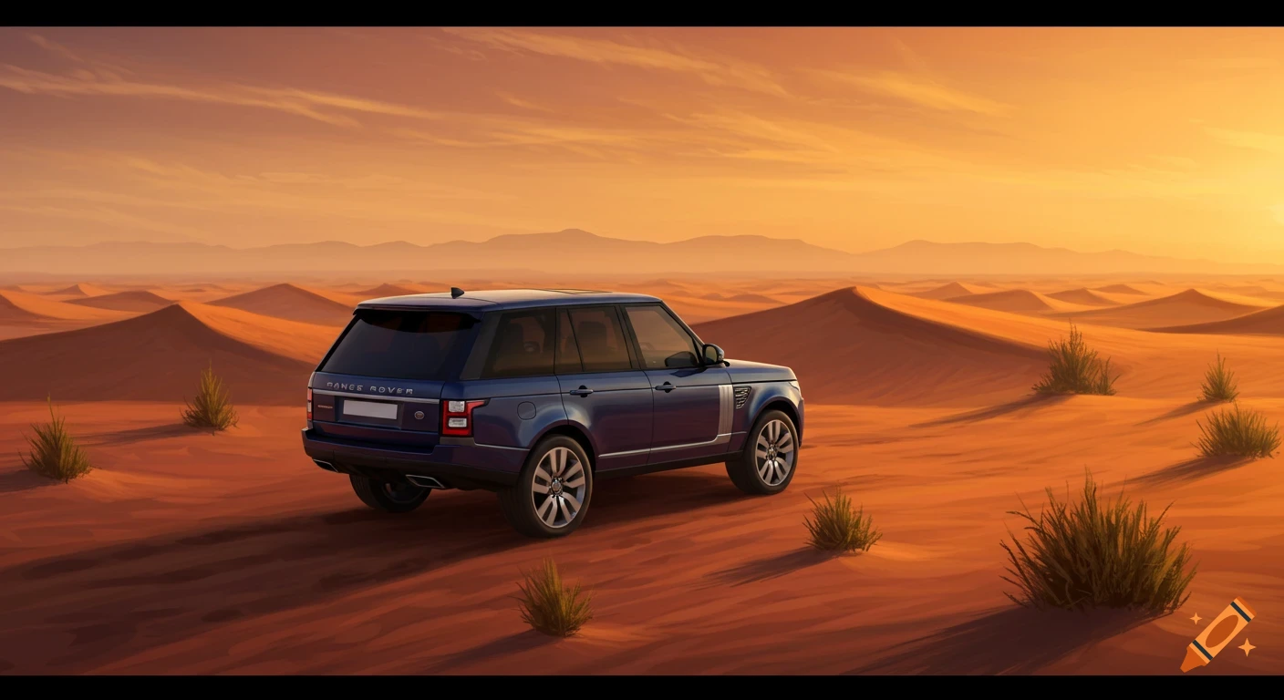 Blue Range Rover parked in a vast desert landscape at sunset on Craiyon