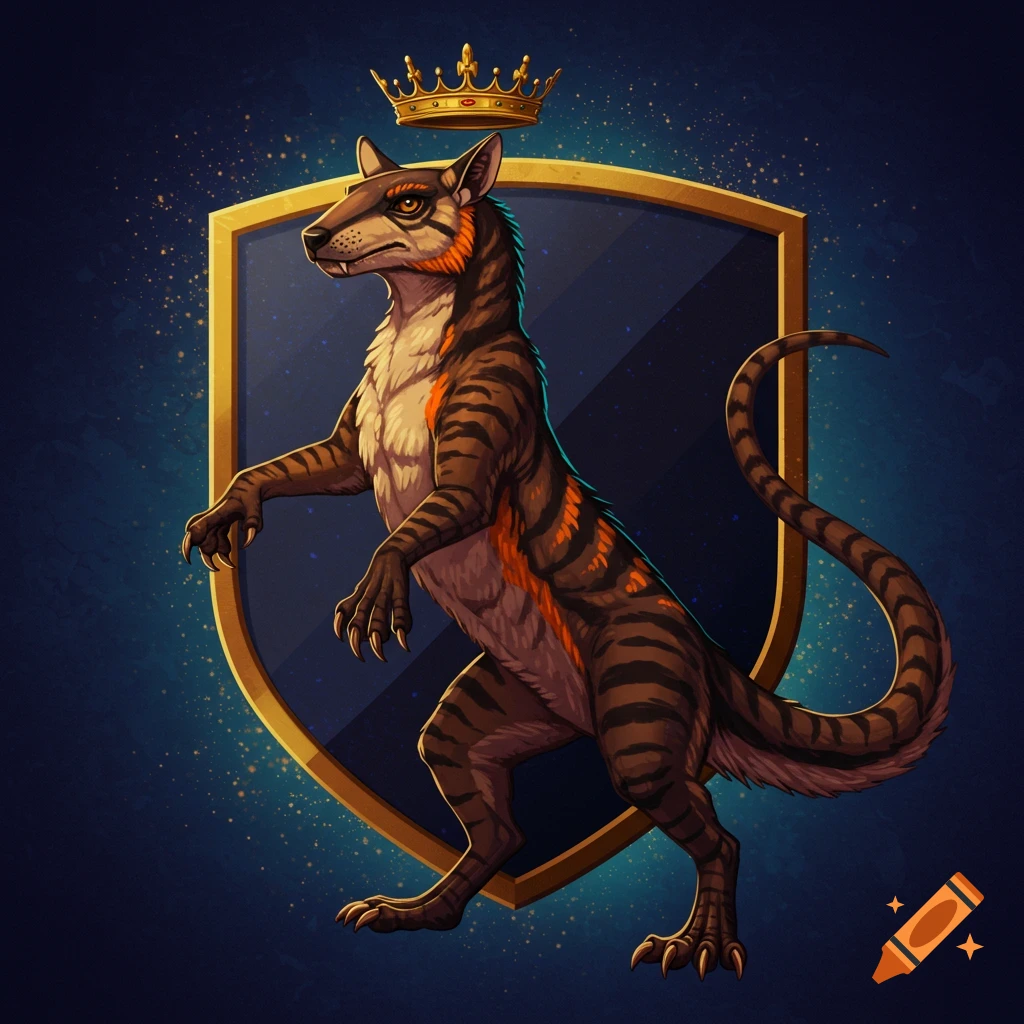 Digital illustration of a striped, bipedal creature with a crown and ...