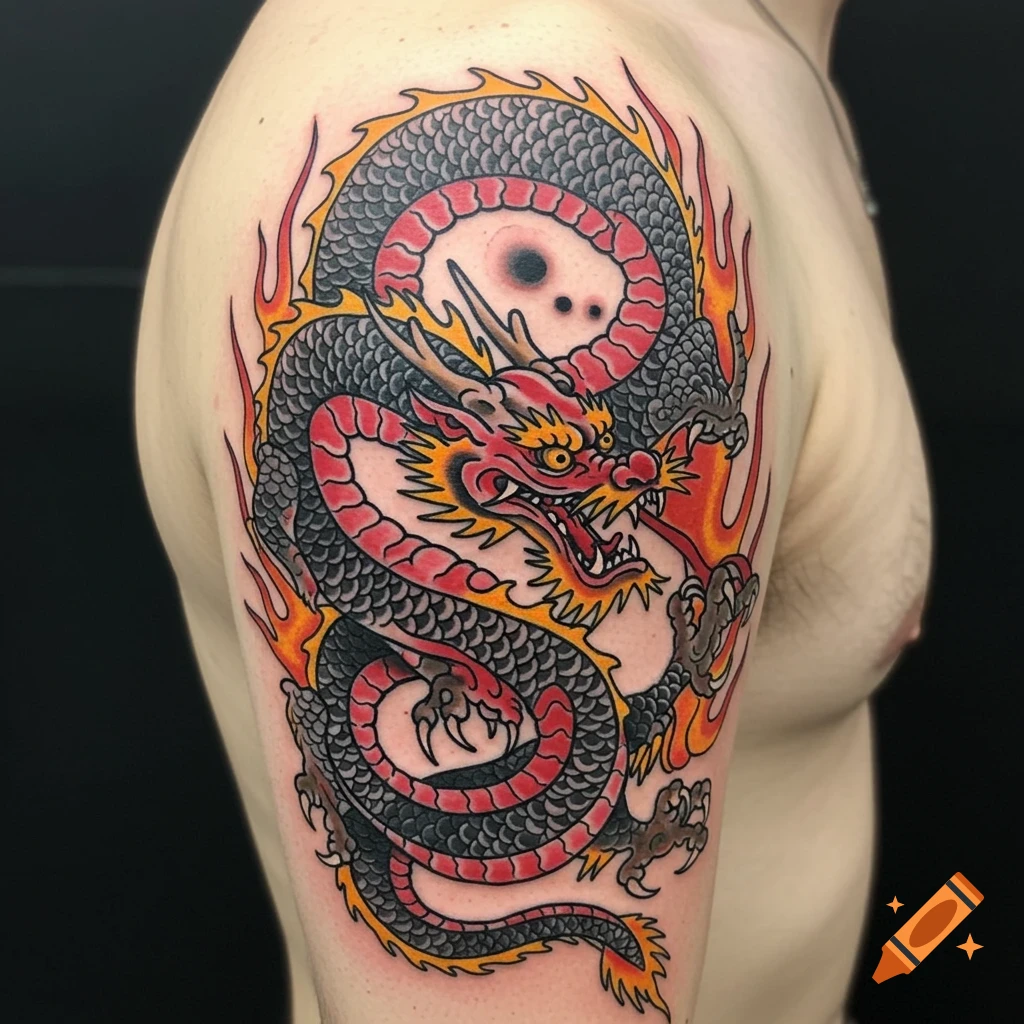 Vibrant traditional style fire dragon tattoo on an arm on Craiyon