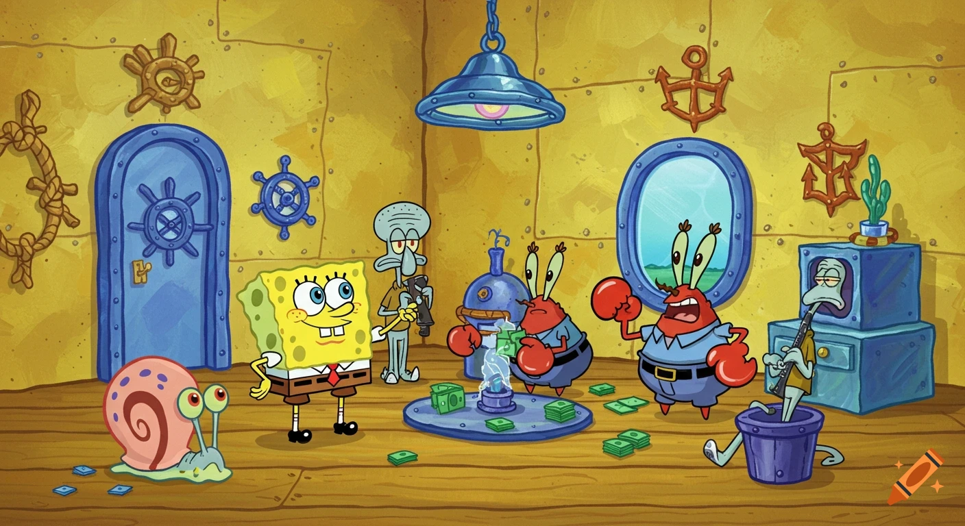 SpongeBob, Gary, Squidward, and Mr. Krabs in a cartoon scene. on Craiyon