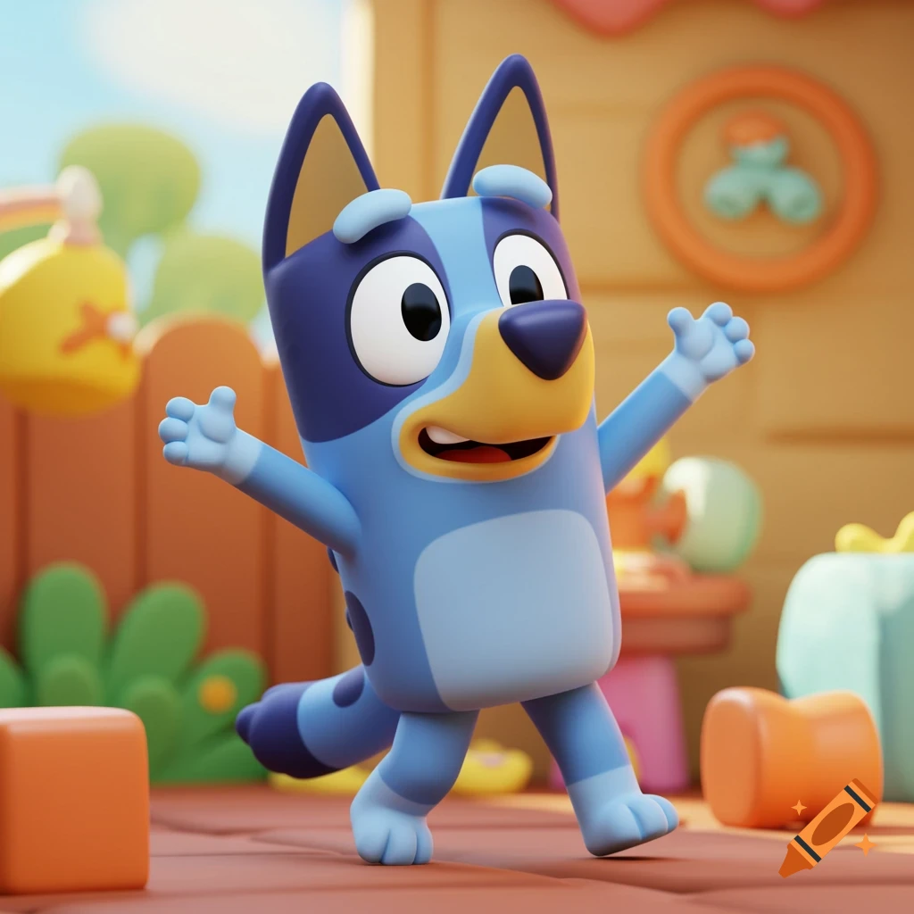 A 3D render of the cartoon character Bluey standing with arms raised in ...