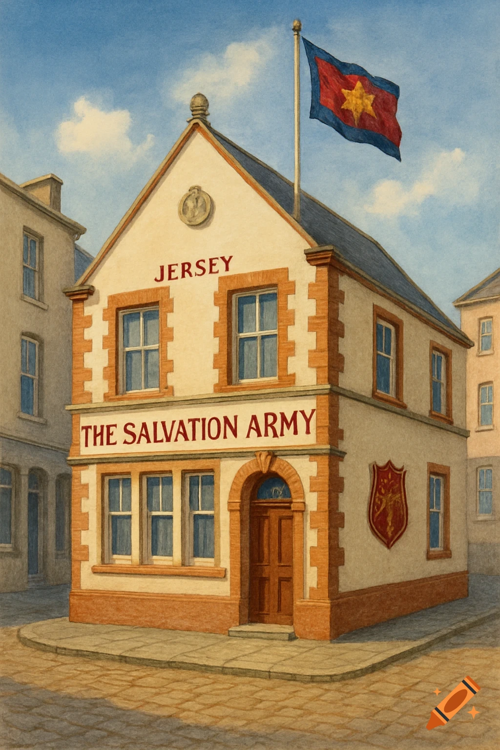 Watercolor illustration of The Salvation Army building in Jersey with a ...