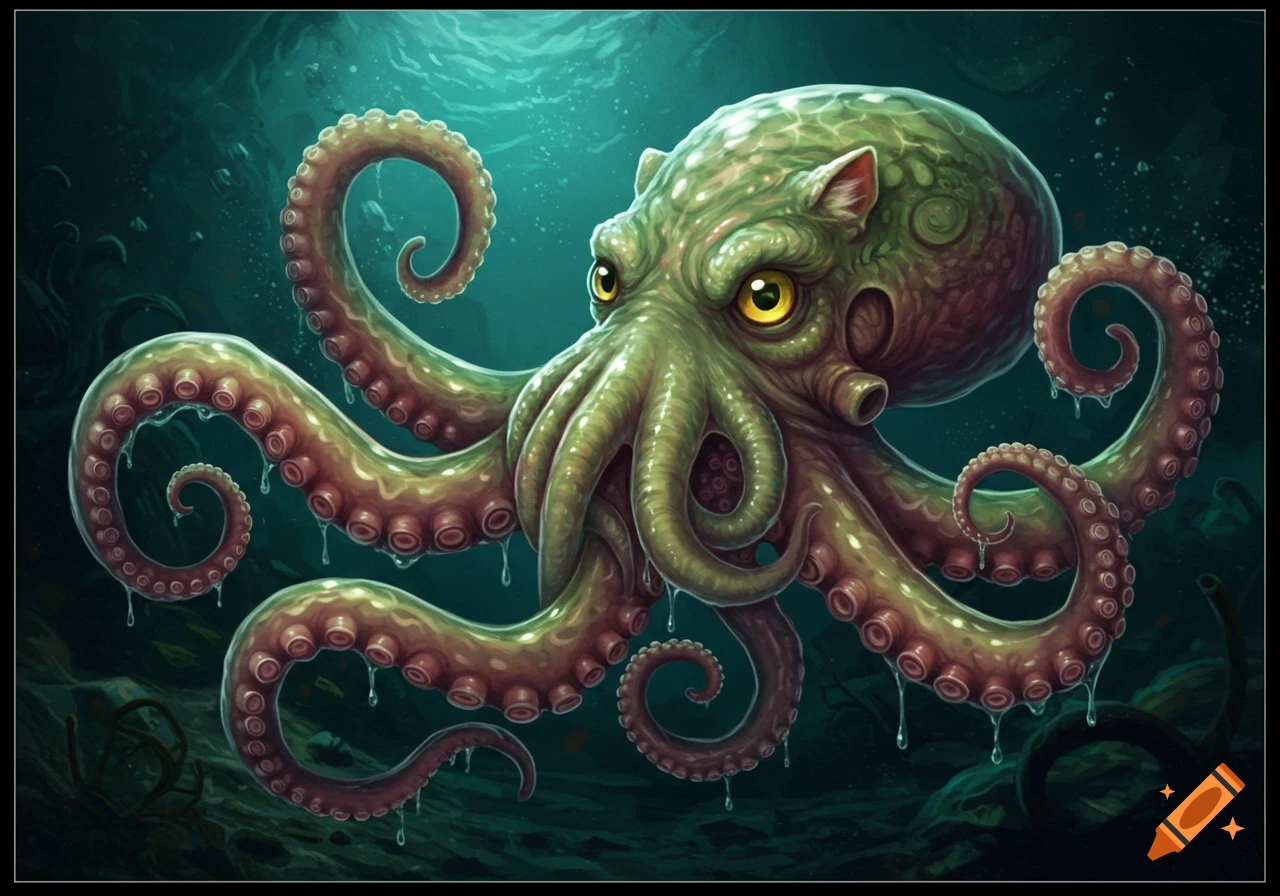 Illustration of a green octopus with cat ears underwater on Craiyon
