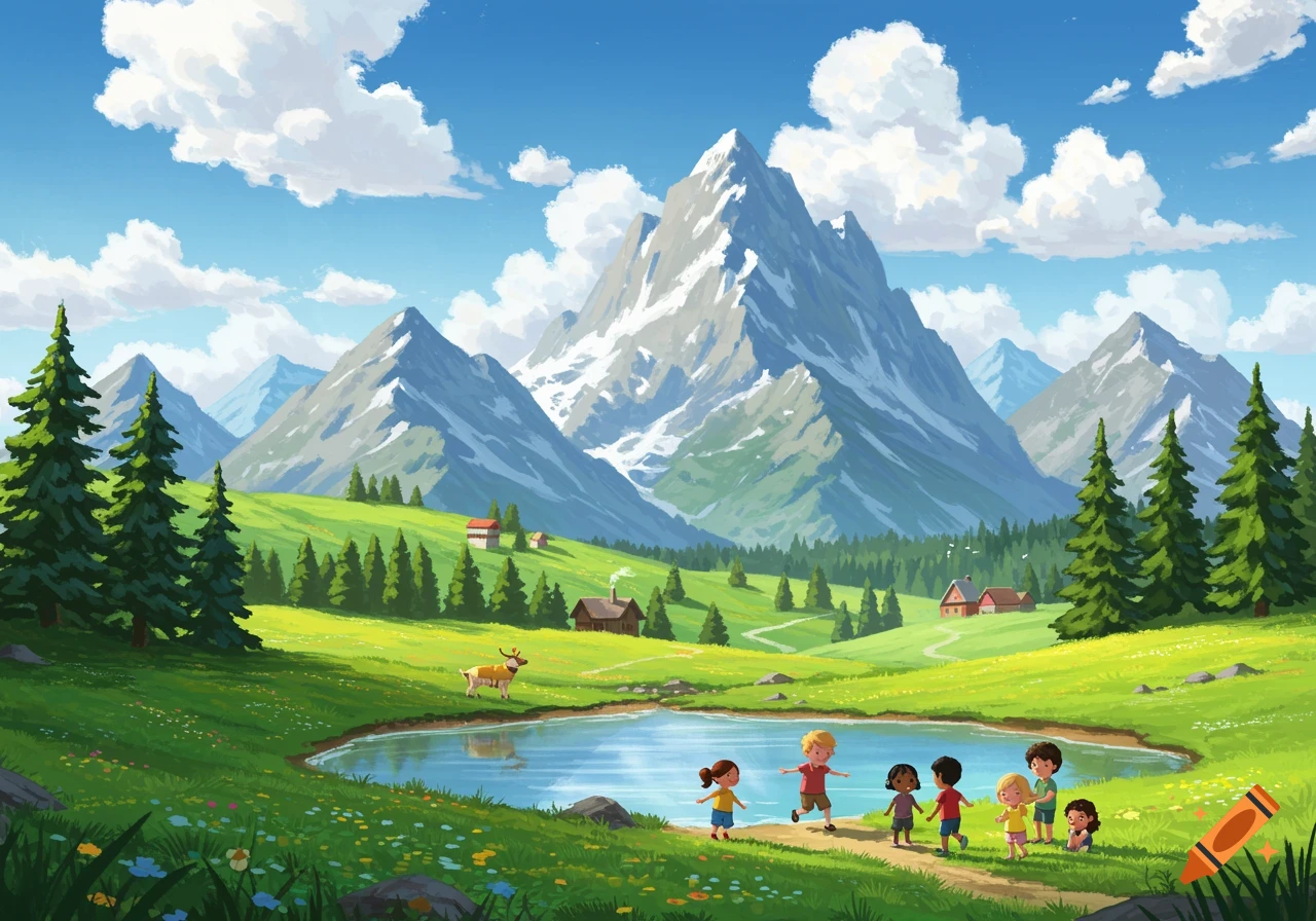 A painted illustration of a mountain landscape with snow-capped peaks, a lake, trees, and a ...